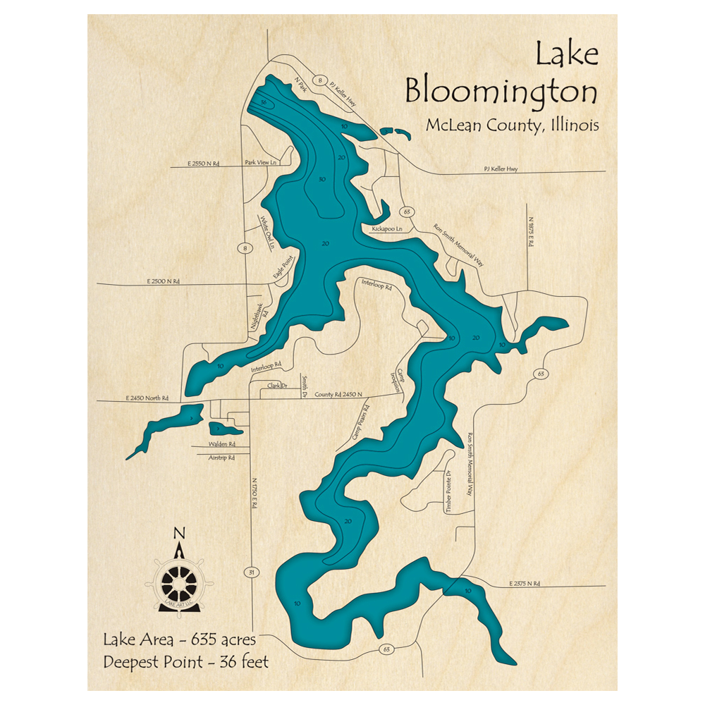 Lake Bloomington, Illinois 3D Custom Wood Map – Lake Art LLC