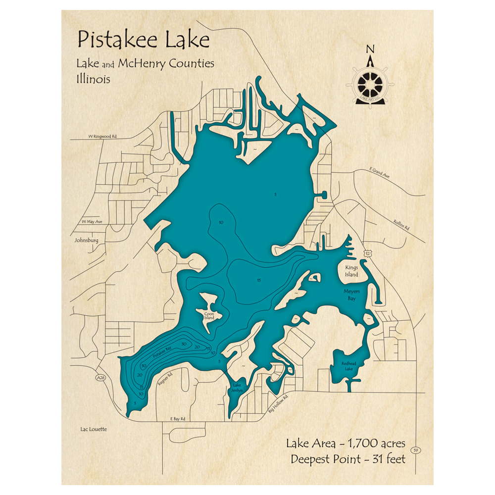 Pistakee Lake, Illinois 3D Custom Wood Map – Lake Art LLC