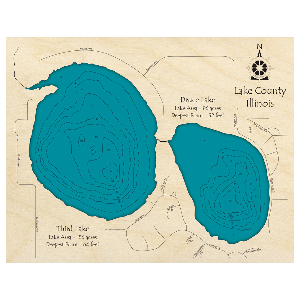 Third and Druce Lakes, Illinois 3D Custom Wood Map – Lake Art LLC