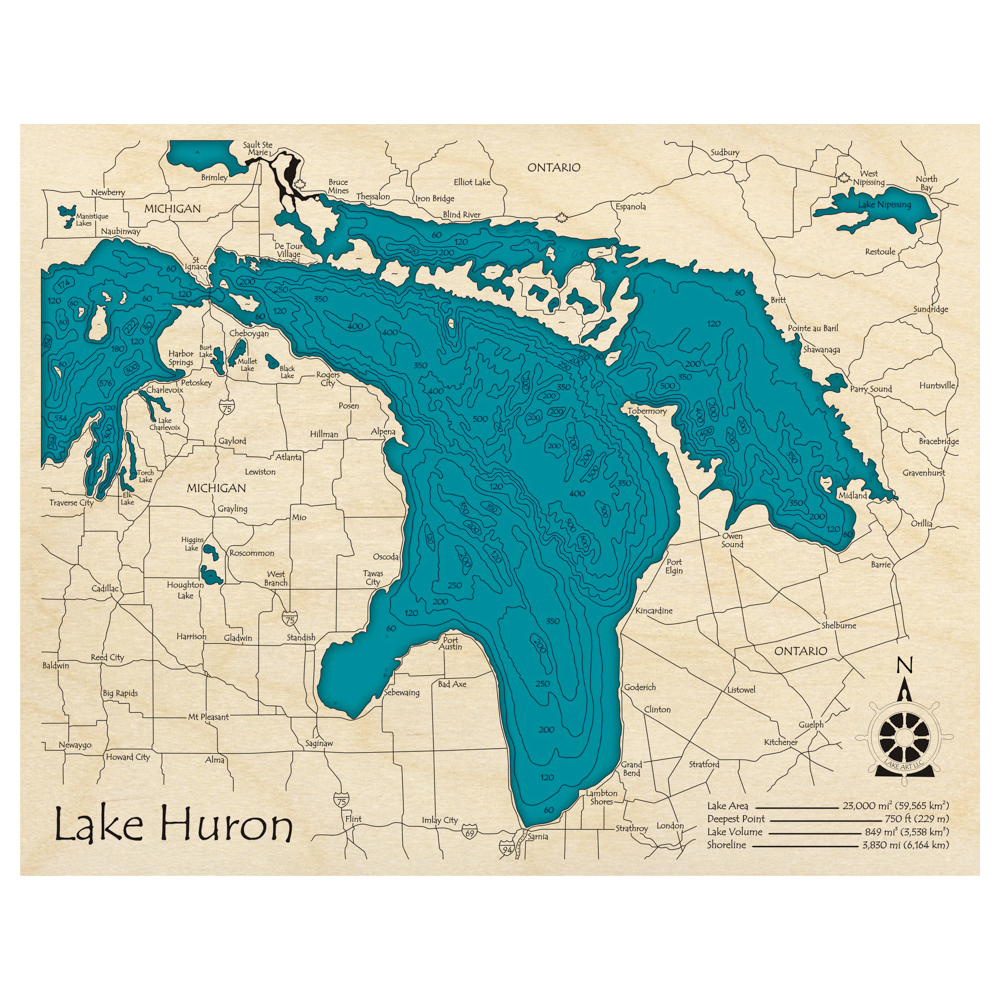 Lake Huron 3D Custom Wood Map – Lake Art LLC