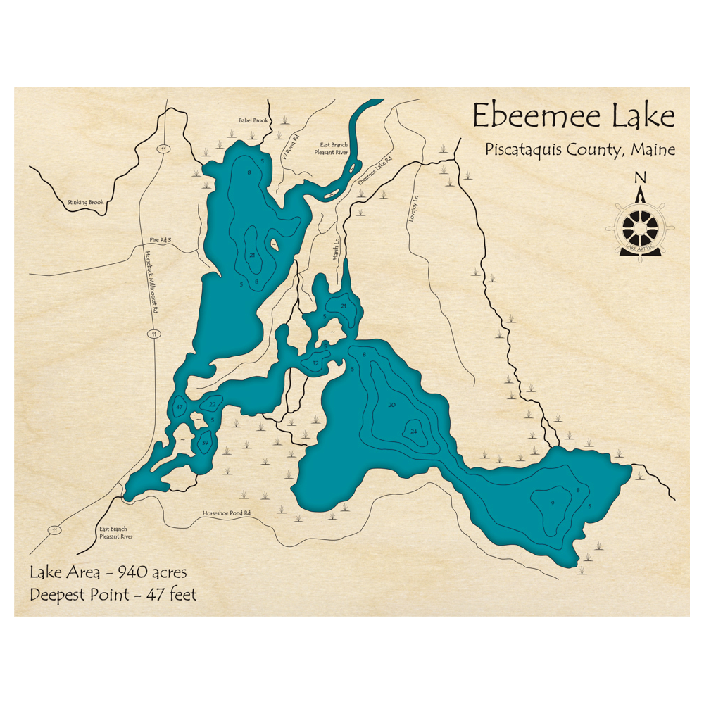 Ebeemee Lake, Maine 3D Custom Wood Map – Lake Art LLC
