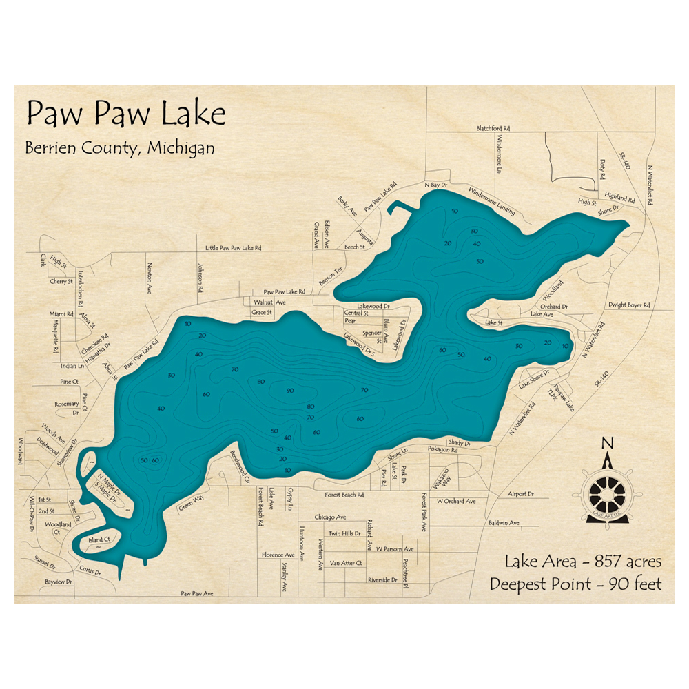 Paw Paw Lake, Michigan 3D Custom Wood Map – Lake Art LLC