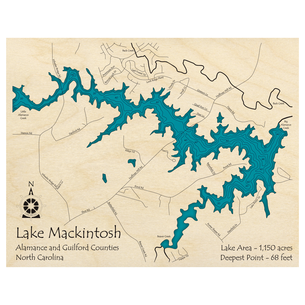 Lake Mackintosh, North Carolina 3D Custom Wood Map – Lake Art LLC