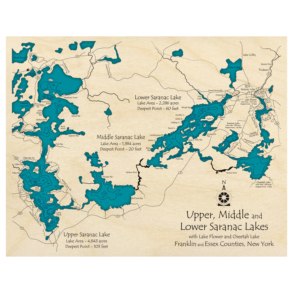 Saranac Lakes, New York 3D Custom Wood Map – Lake Art LLC