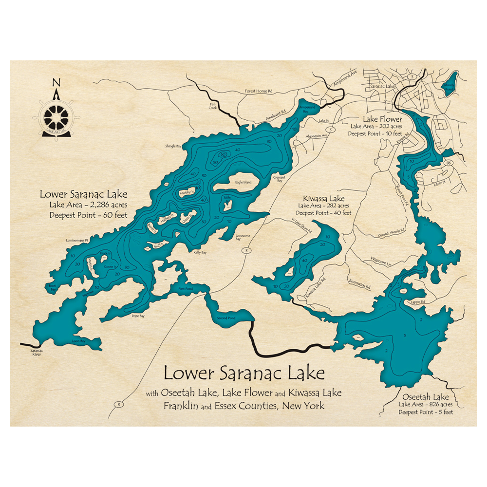 Saranac Lake, New York 3D Custom Wood Map – Lake Art LLC