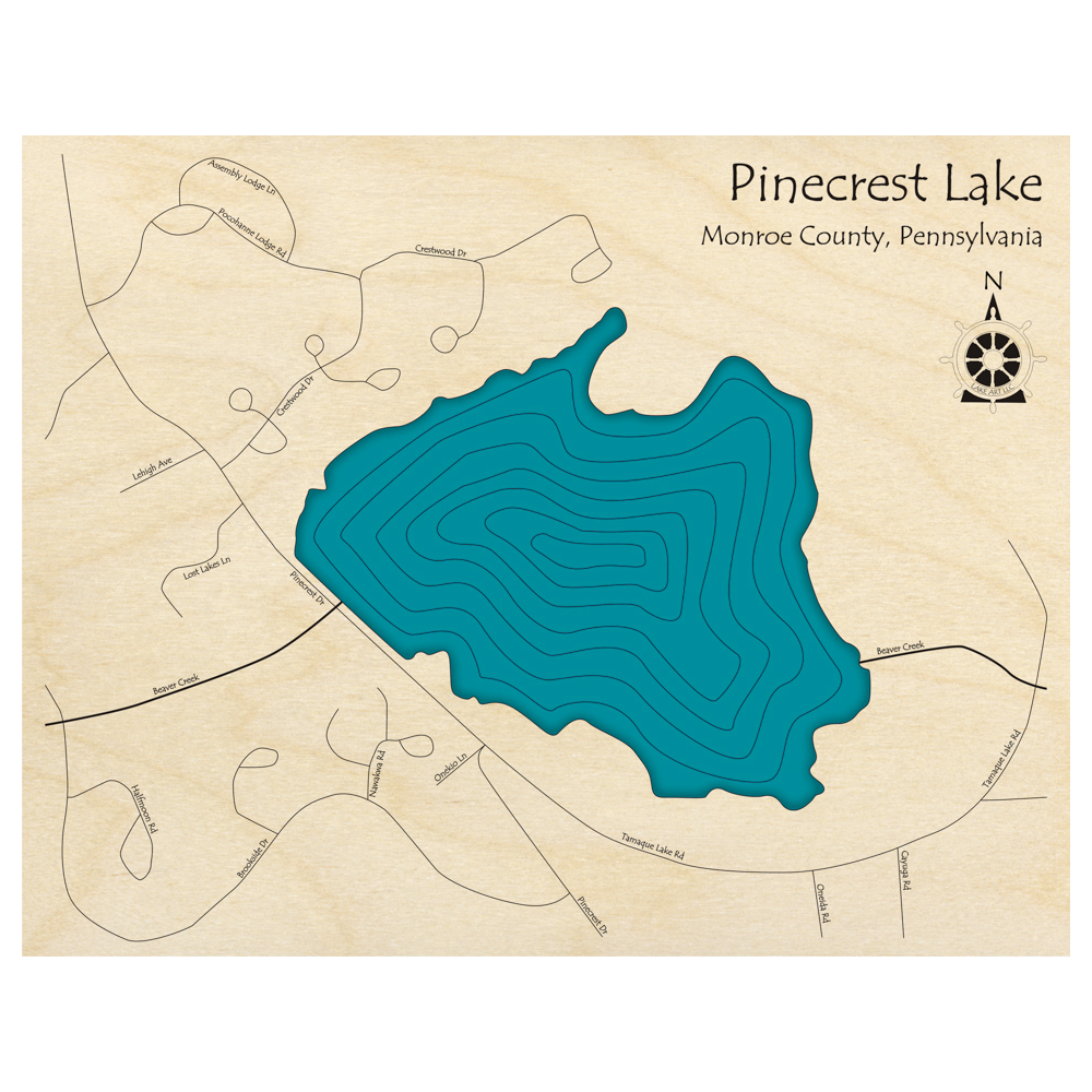 Pinecrest Lake, Pennsylvania 3D Custom Wood Map – Lake Art LLC