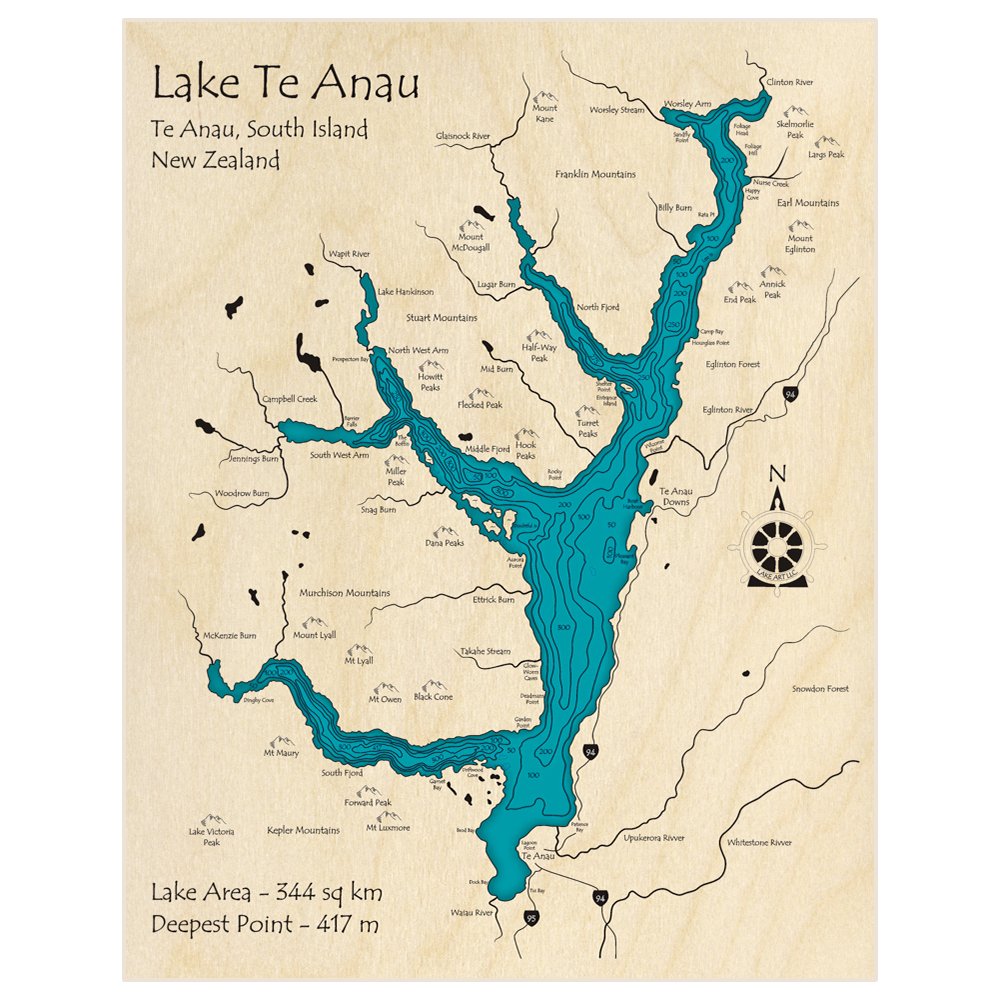 Lake Te Anau 3D Custom Wood Map – Lake Art LLC