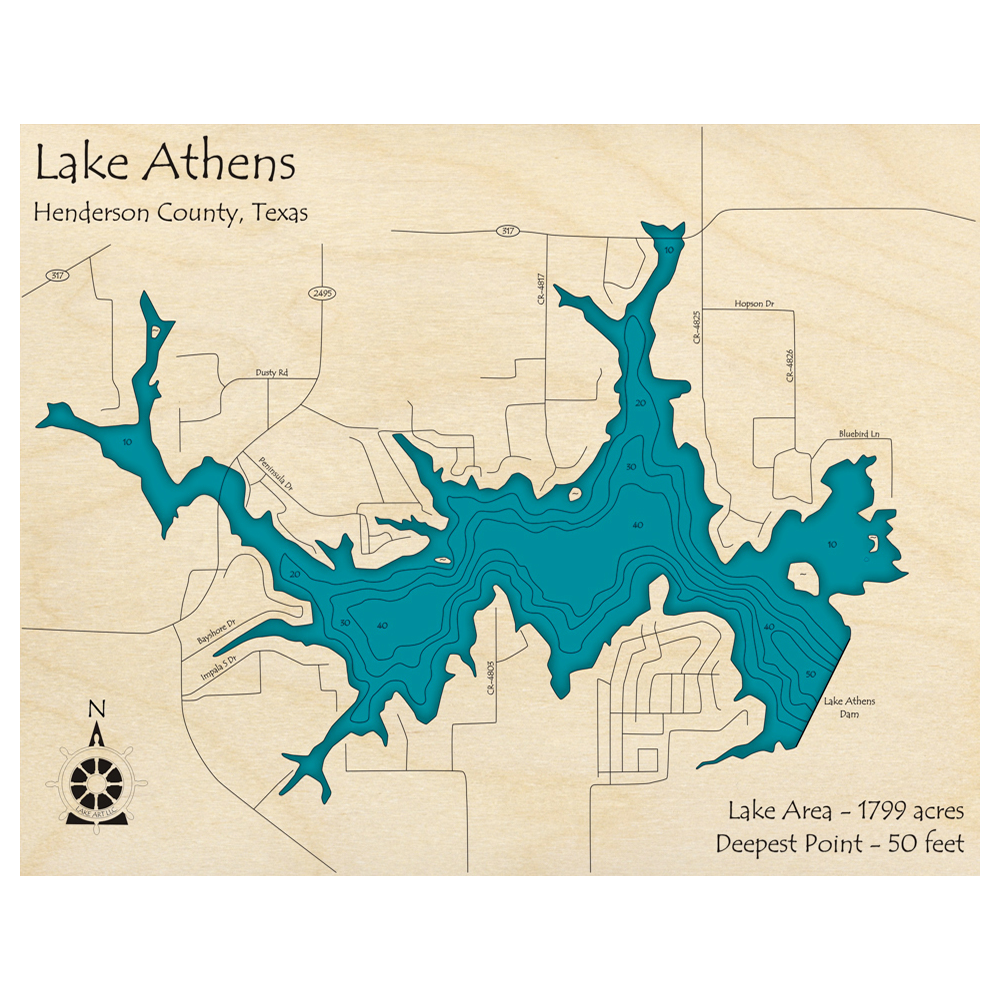 Lake Athens, Texas 3D Custom Wood Map – Lake Art LLC
