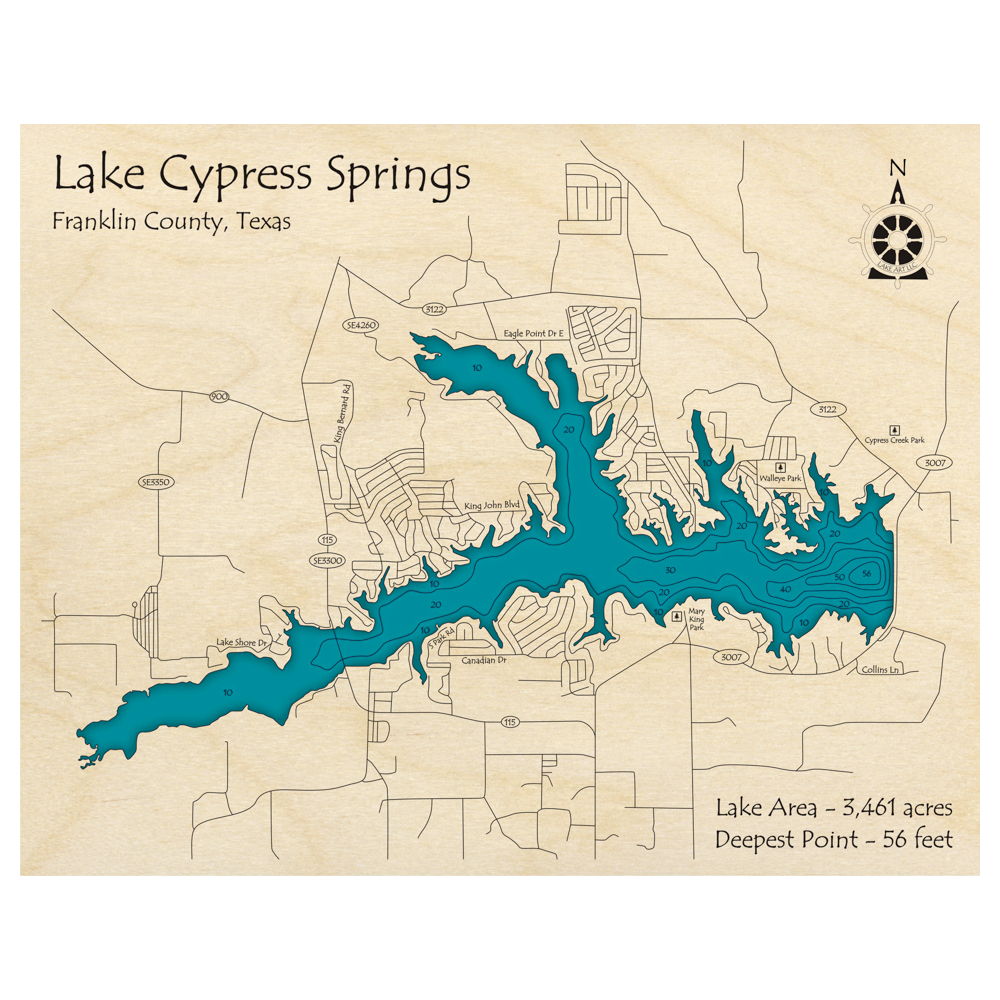 Lake Cypress Springs, Texas 3D Custom Wood Map – Lake Art LLC