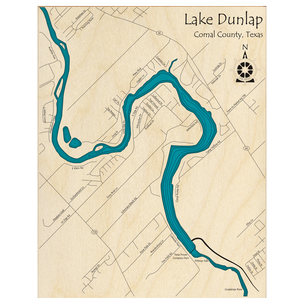 Lake Dunlap, Texas 3D Custom Wood Map – Lake Art LLC