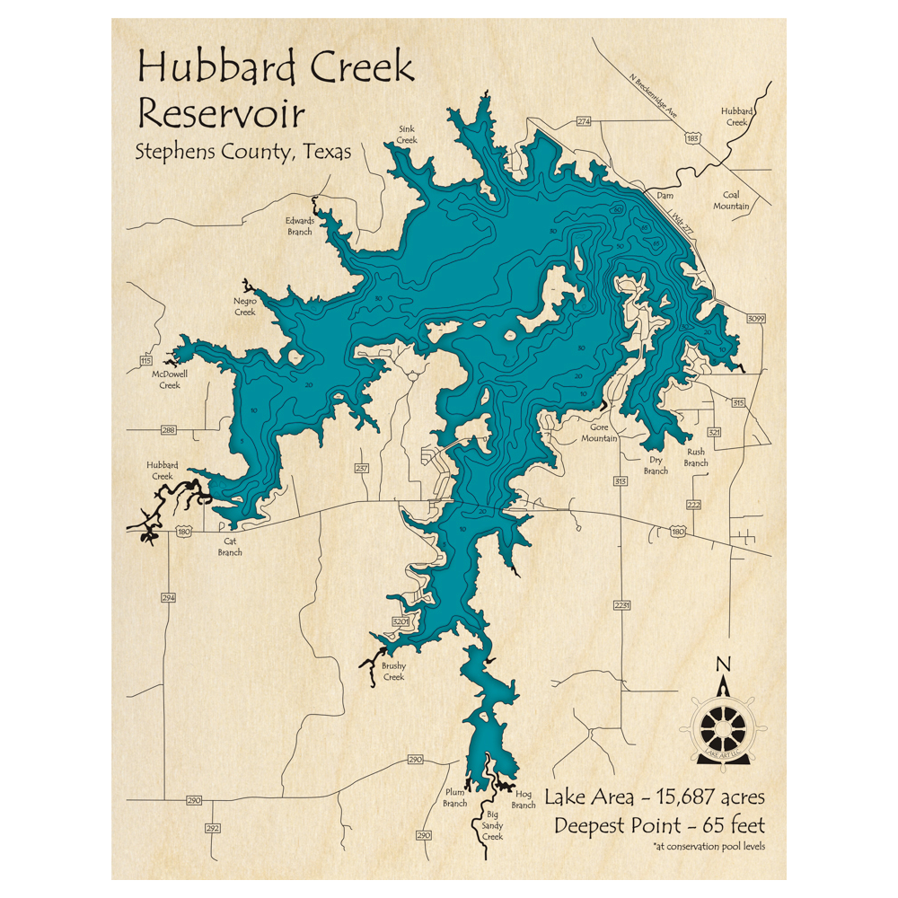 Hubbard Creek Reservoir, Texas 3D Custom Wood Map – Lake Art LLC