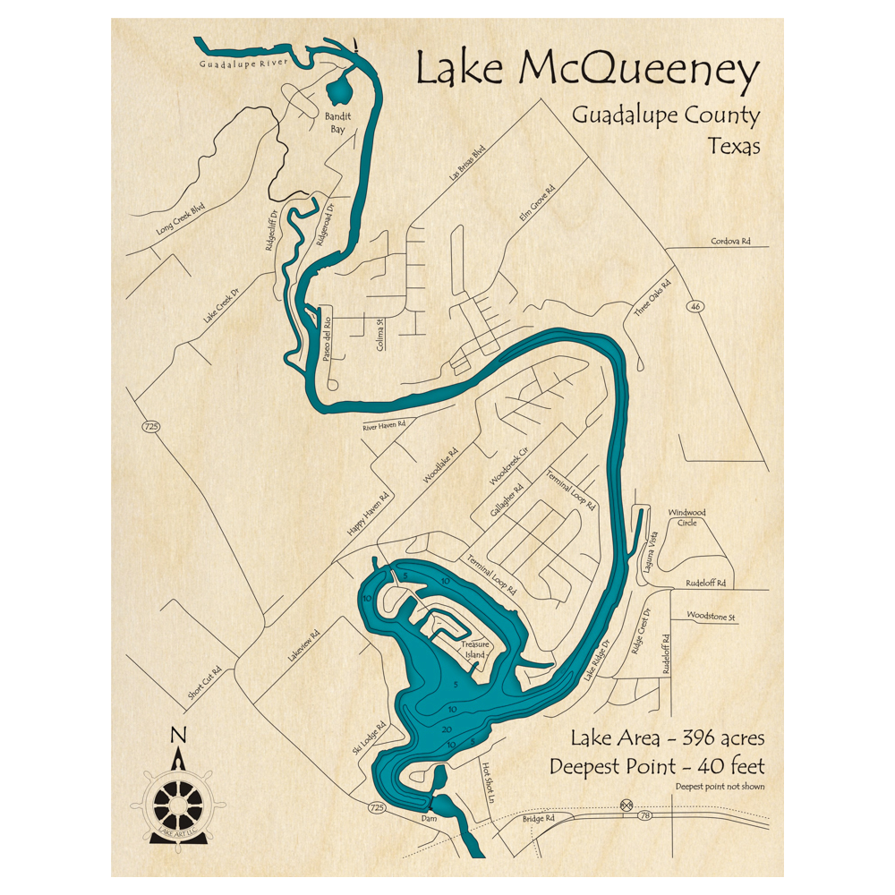Lake McQueeney, Texas 3D Custom Wood Map – Lake Art LLC