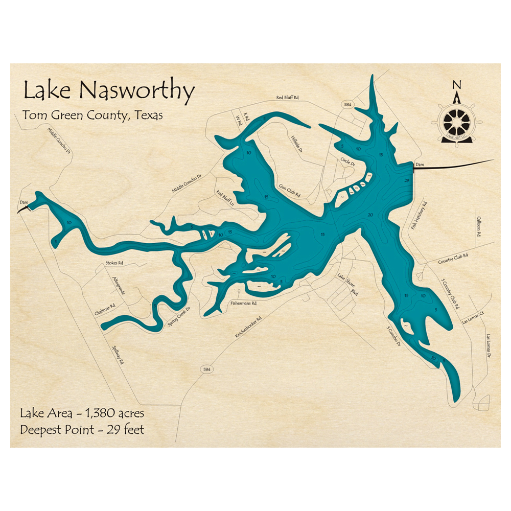 Lake Nasworthy, Texas 3D Custom Wood Map – Lake Art LLC