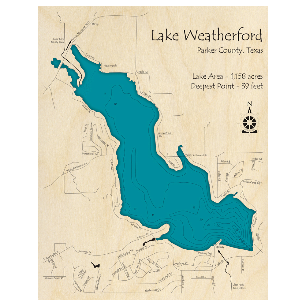 Weatherford Lake, Texas 3D Custom Wood Map – Lake Art LLC