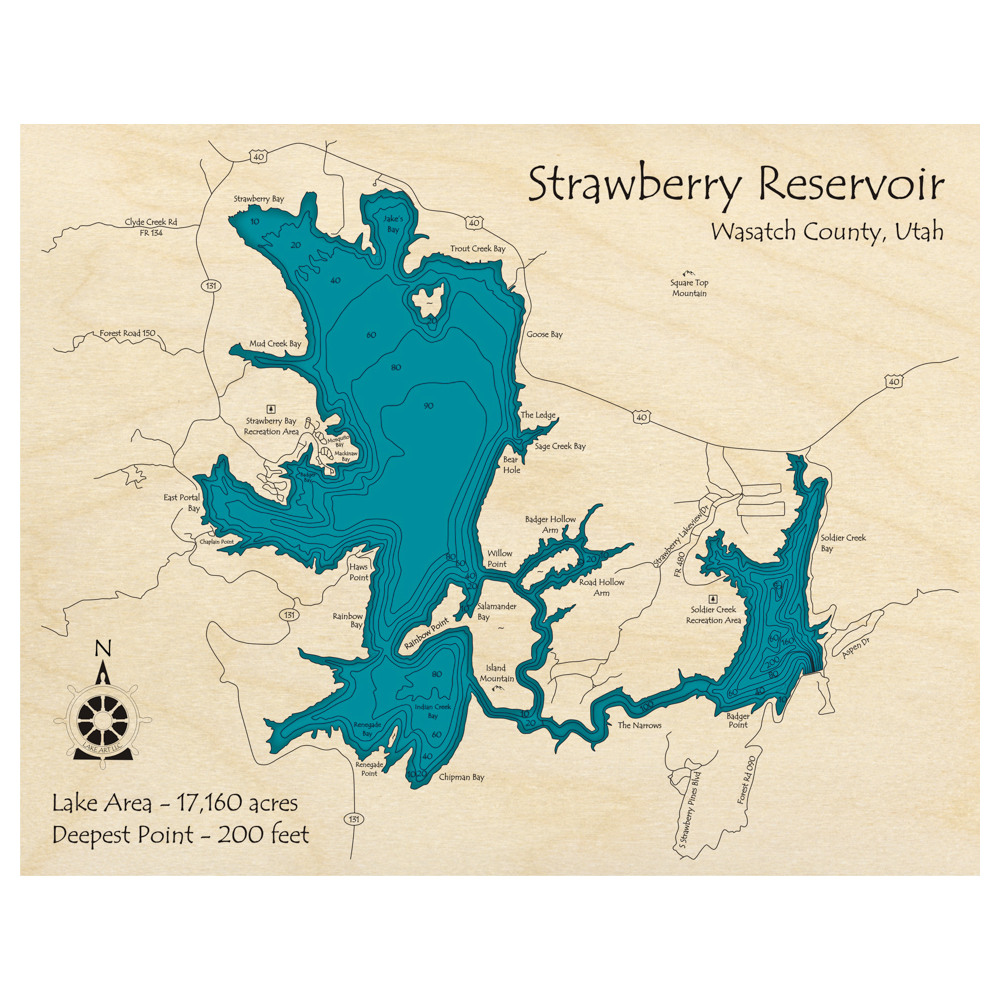 Strawberry Reservoir, Utah 3D Custom Wood Map – Lake Art LLC