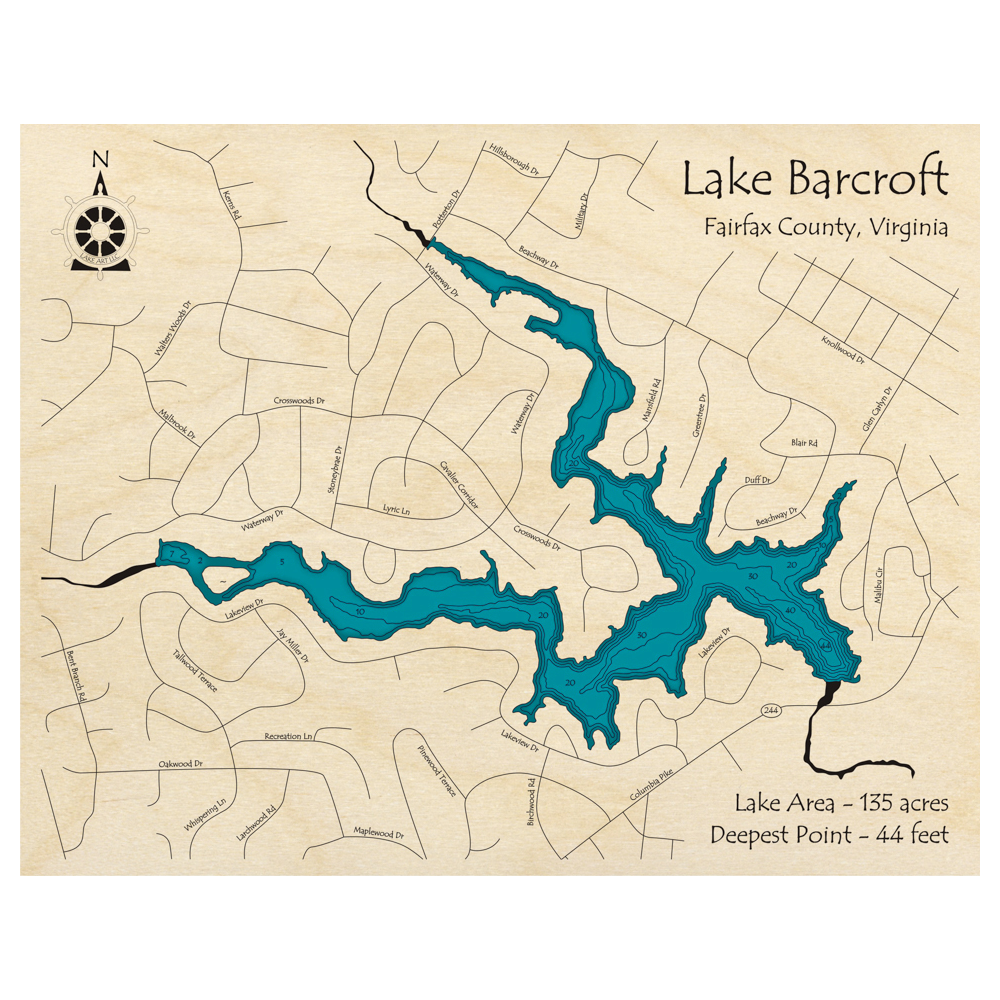 Lake Barcroft, Virginia 3D Custom Wood Map – Lake Art LLC