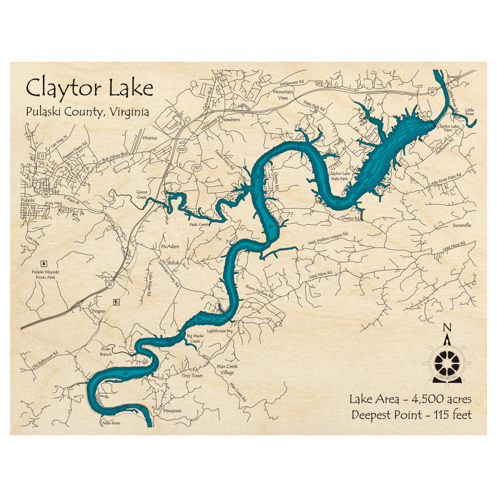 Claytor Lake, Virginia 3D Custom Wood Map – Lake Art LLC