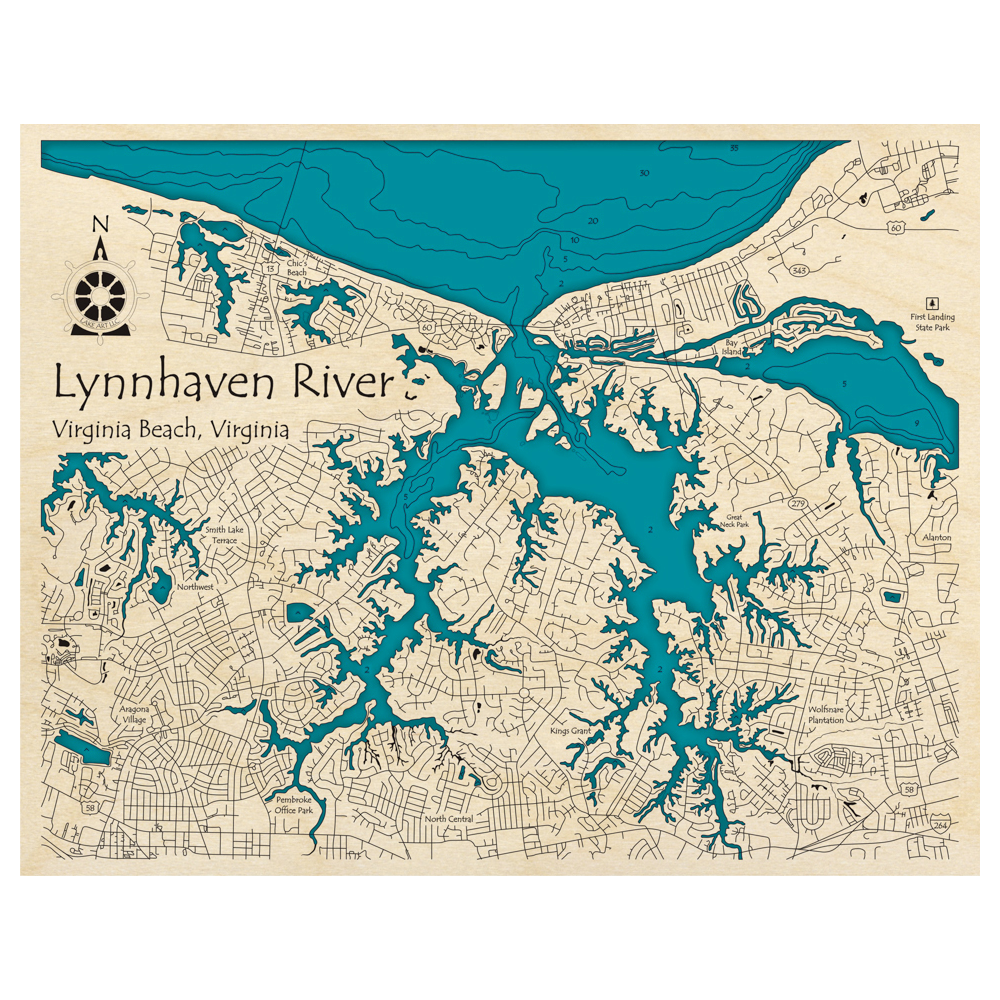 Lynnhaven River, Virginia 3D Custom Wood Map – Lake Art LLC