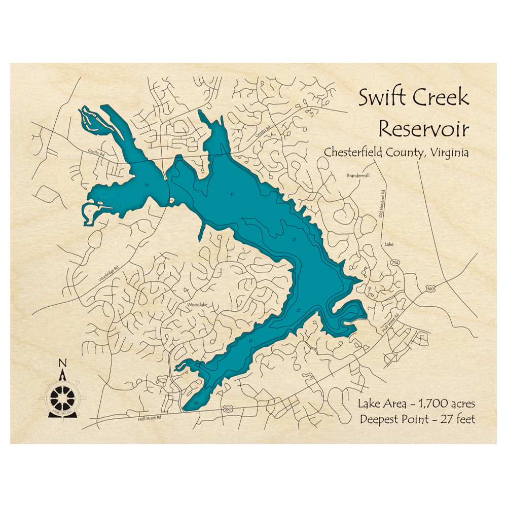 Swift Creek Reservoir, Virginia 3D Custom Wood Map – Lake Art LLC