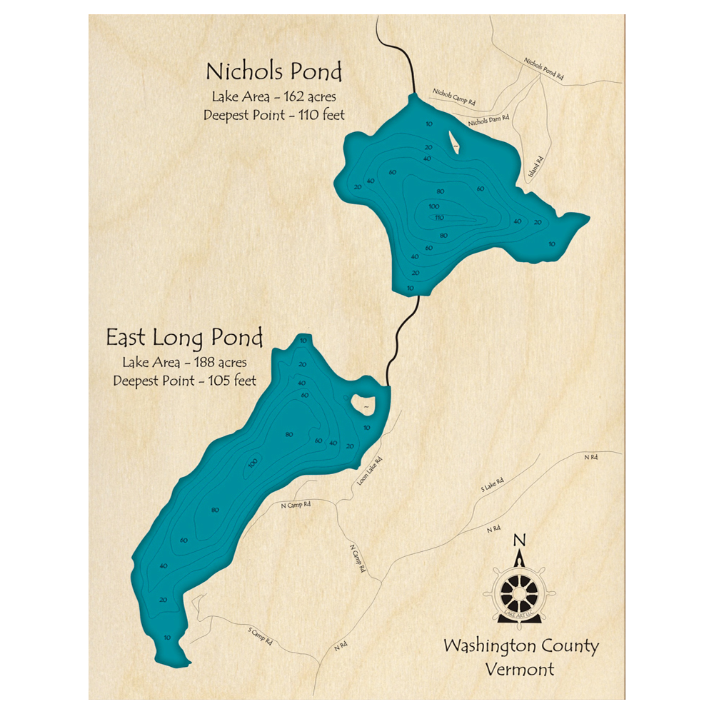 Nichols Pond and East Long Pond, Vermont 3D Custom Wood Map – Lake Art LLC