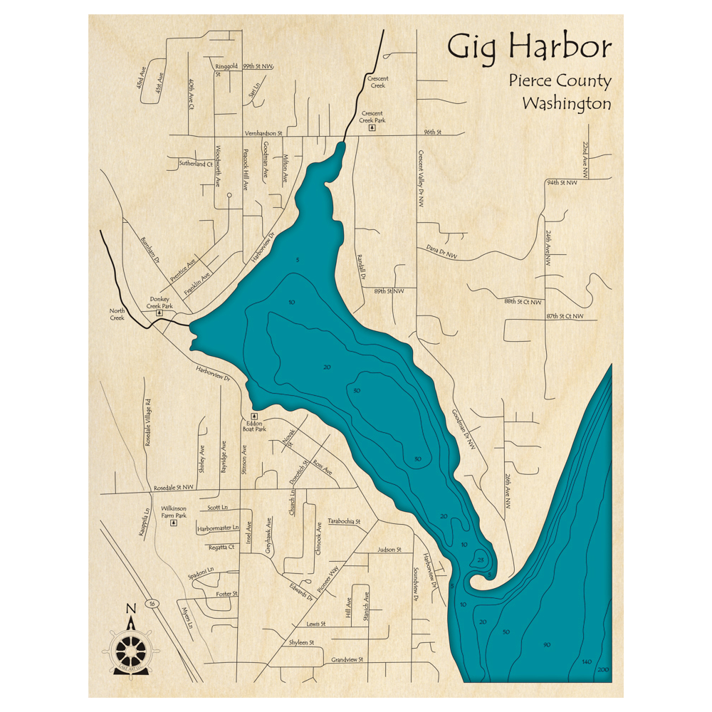 Gig Harbor, Washington 3D Custom Wood Map – Lake Art LLC