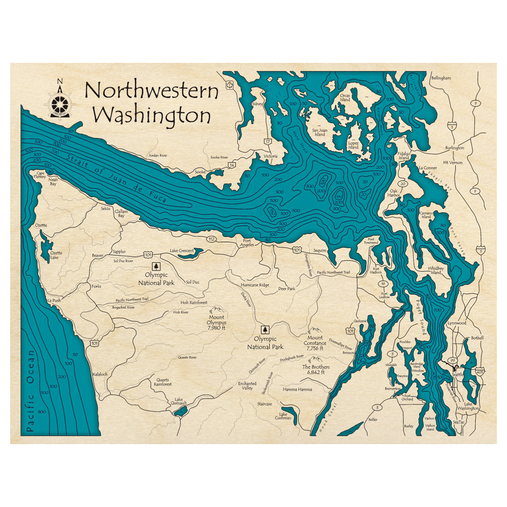Northwestern Washington, Washington 3D Custom Wood Map – Lake Art LLC
