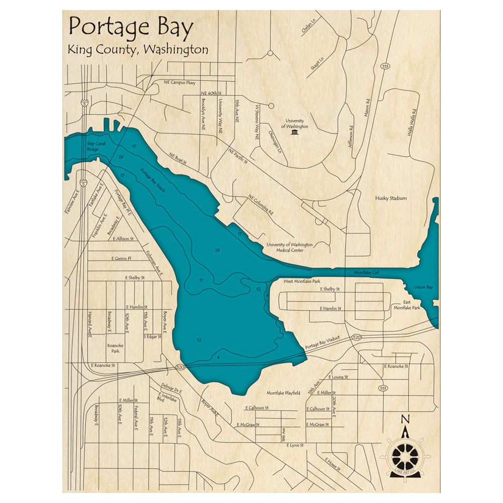 Portage Bay, Washington 3D Custom Wood Map – Lake Art LLC
