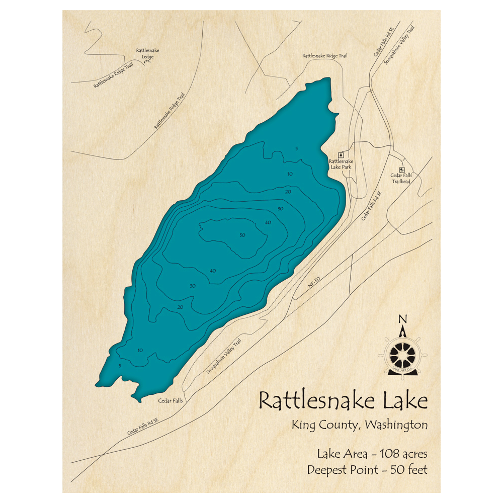 Rattlesnake Lake, Washington 3D Custom Wood Map – Lake Art LLC