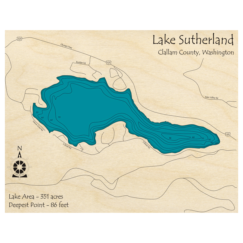 Lake Sutherland, Washington 3D Custom Wood Map – Lake Art LLC