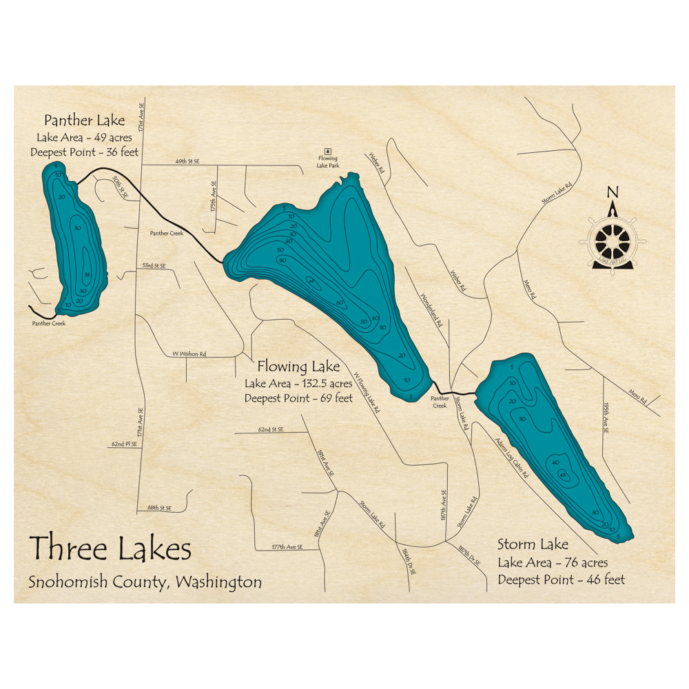 Three Lakes, Washington 3D Custom Wood Map – Lake Art LLC
