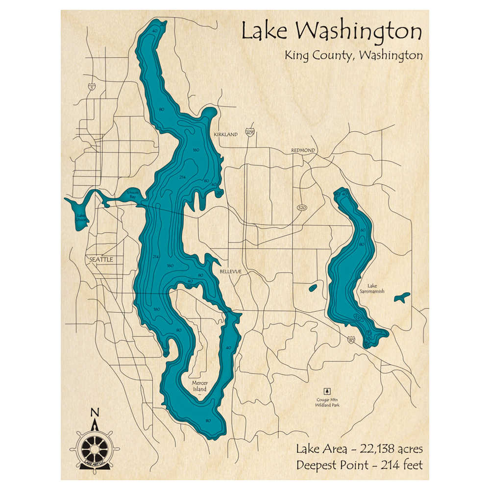 Lake Washington, Washington 3D Custom Wood Map – Lake Art LLC