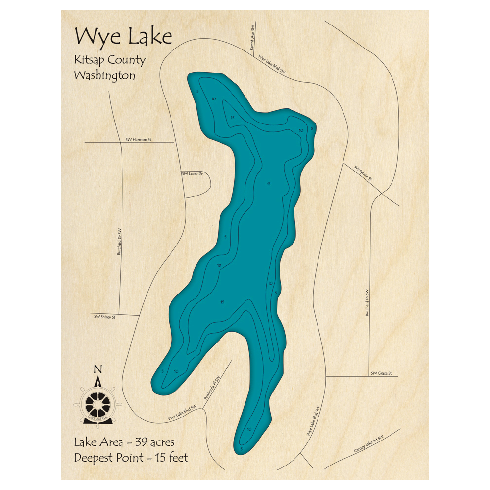 Wye Lake, Washington 3D Custom Wood Map – Lake Art LLC