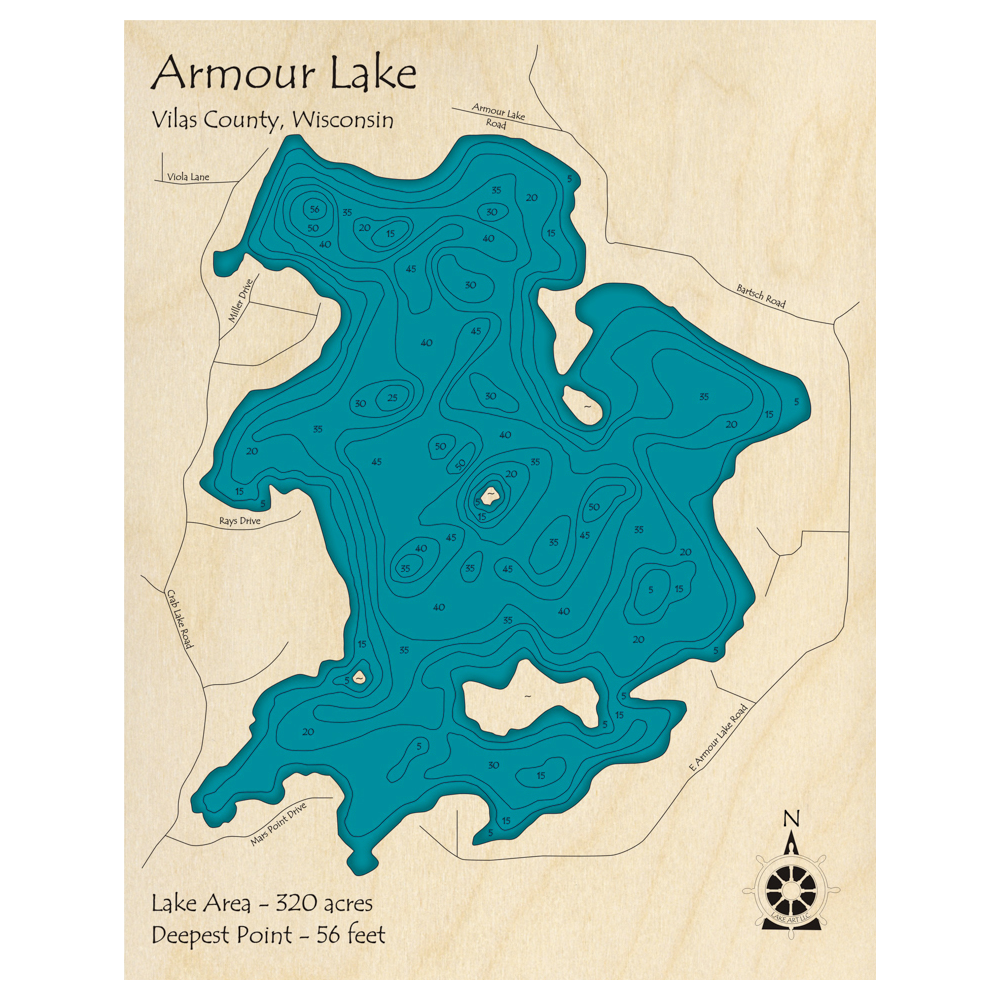 Armour Lake, Wisconsin 3D Custom Wood Map – Lake Art LLC