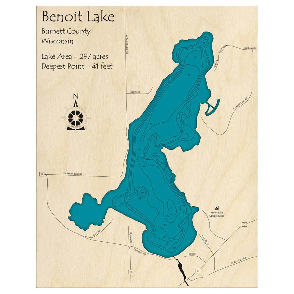 Benoit Lake, Wisconsin 3D Custom Wood Map – Lake Art LLC