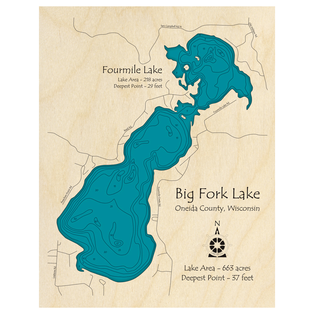 BIg Fork Lake, Wisconsin 3D Custom Wood Map – Lake Art LLC