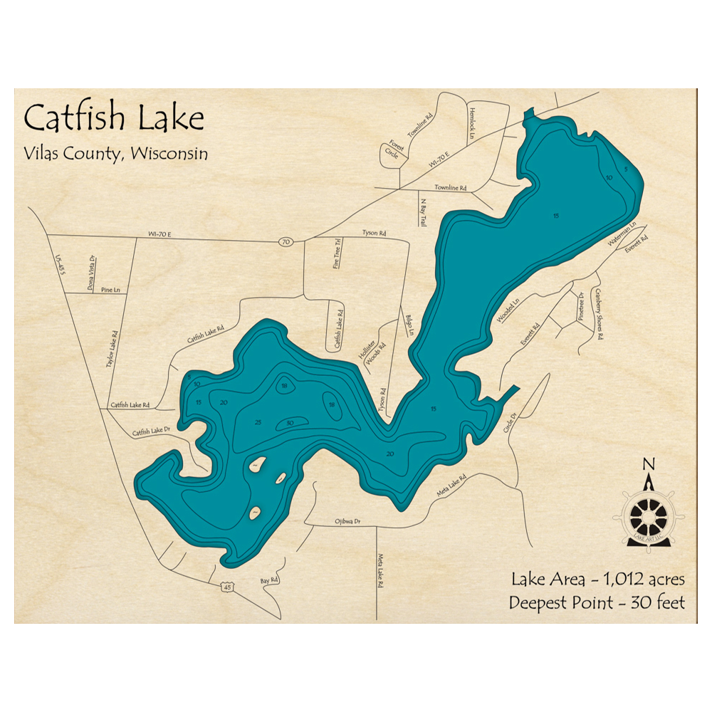 Catfish Lake, Wisconsin 3D Custom Wood Map – Lake Art LLC