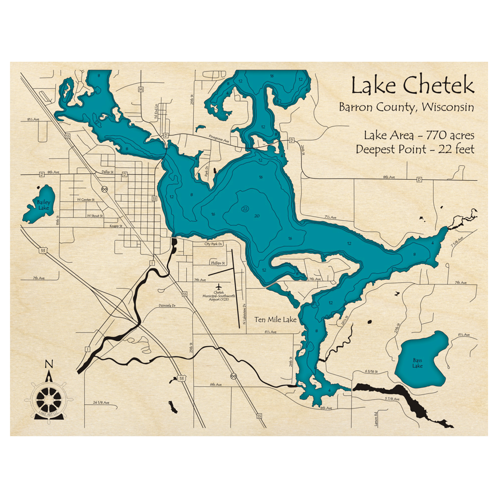 Lake Chetek, Wisconsin 3D Custom Wood Map – Lake Art LLC