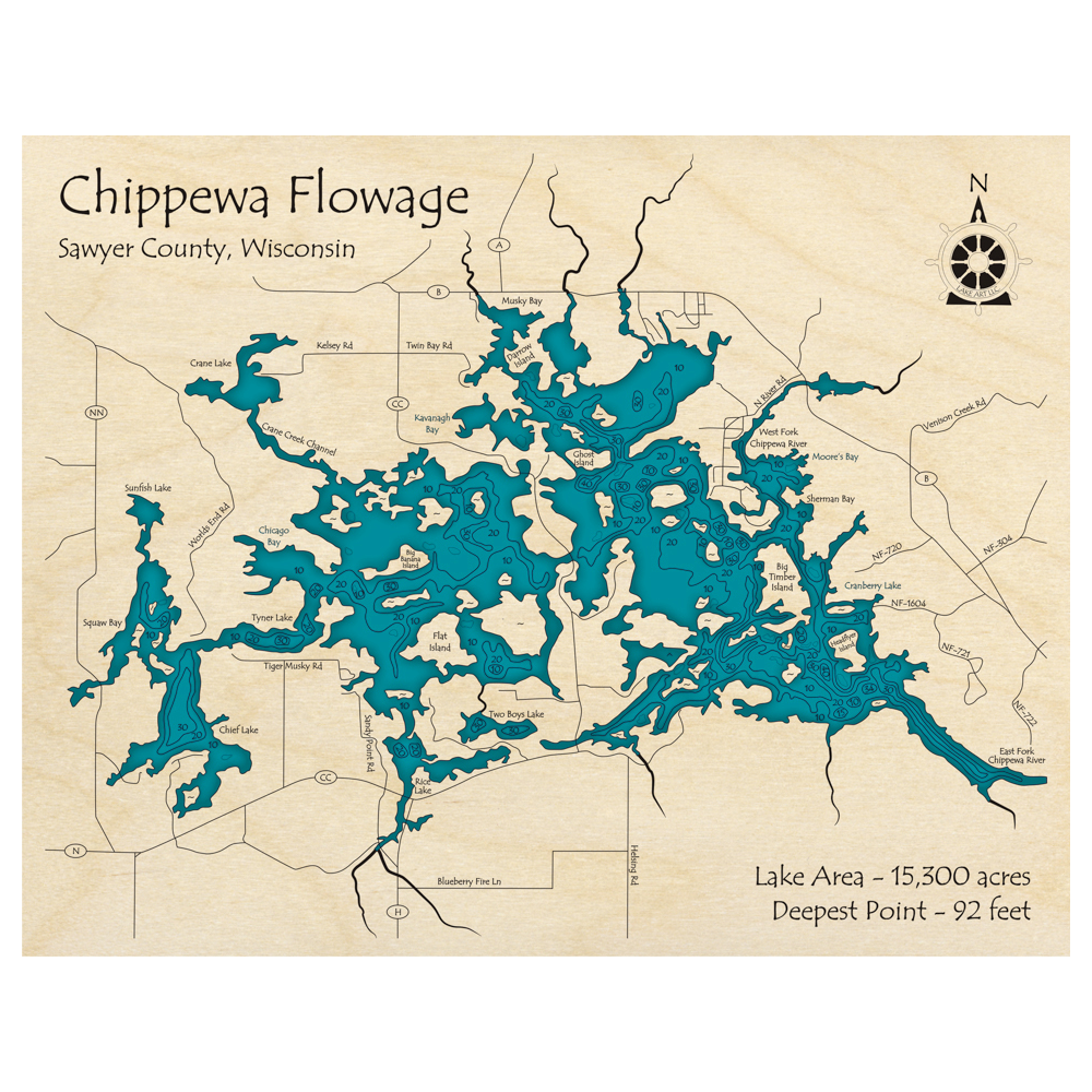Chippewa Flowage, Wisconsin 3D Custom Wood Map – Lake Art LLC