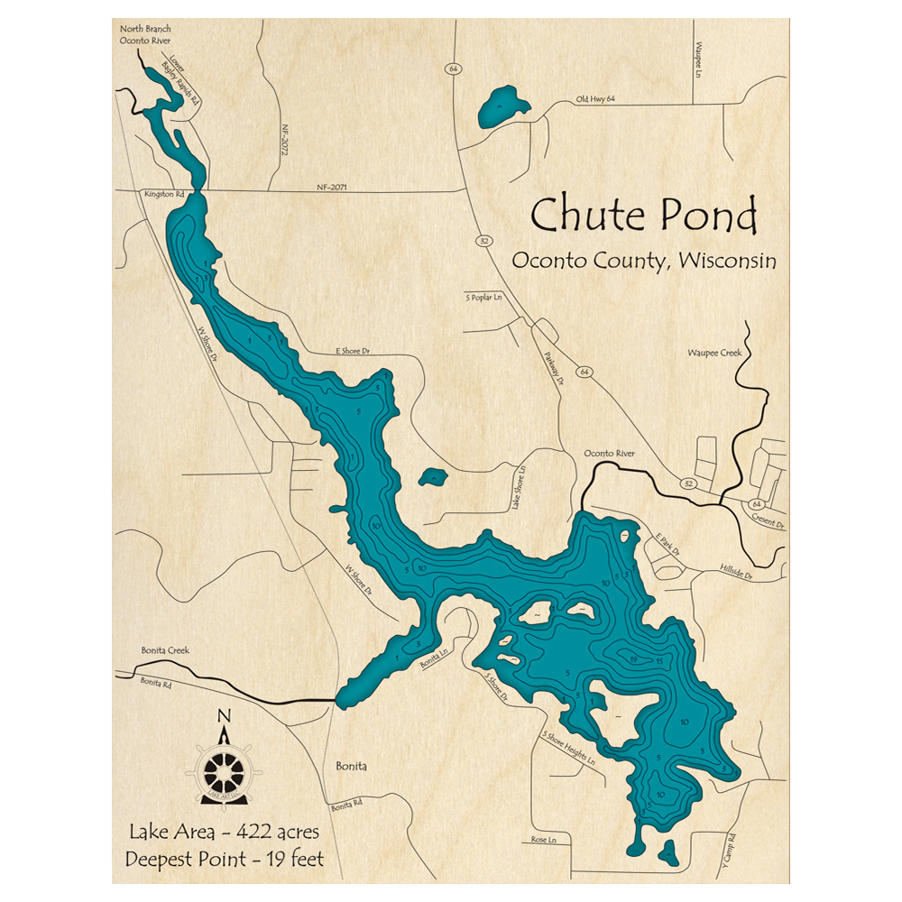 Chute Pond, Wisconsin 3D Custom Wood Map – Lake Art LLC