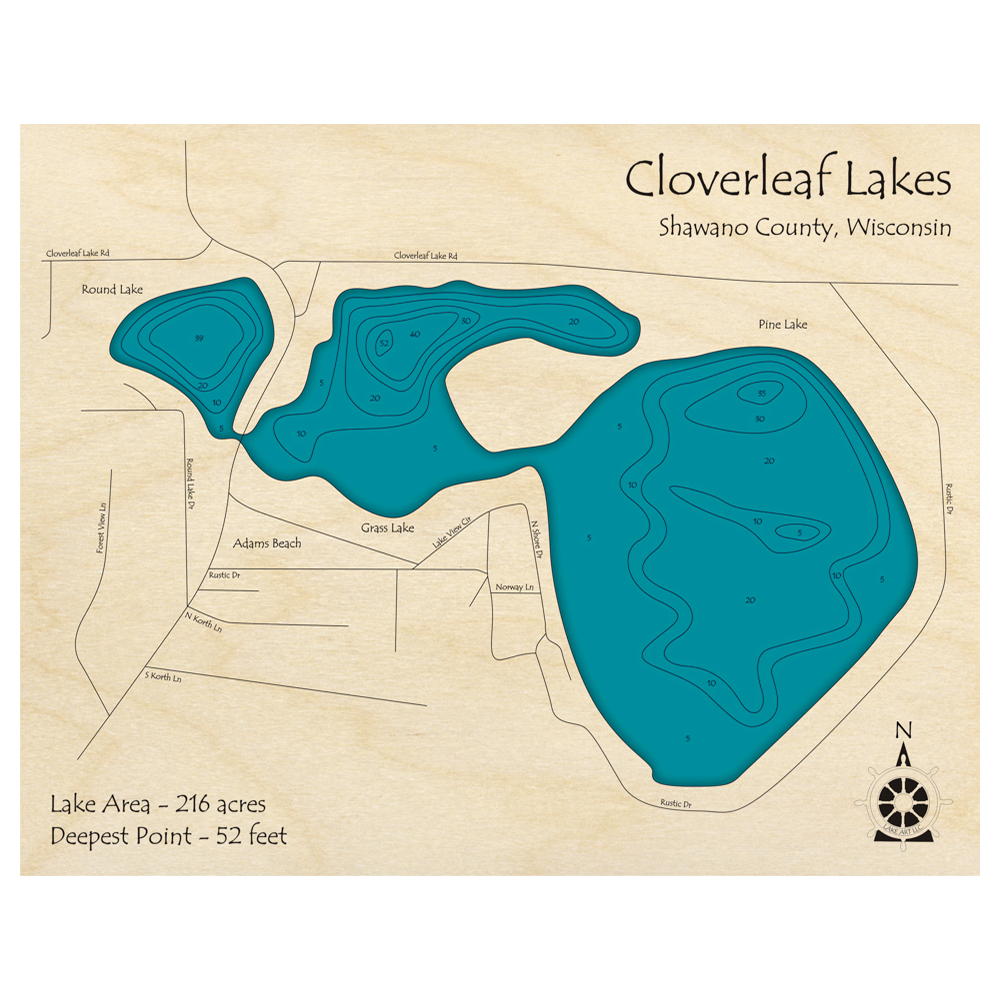 Cloverleaf Lakes, Wisconsin 3D Custom Wood Map – Lake Art LLC