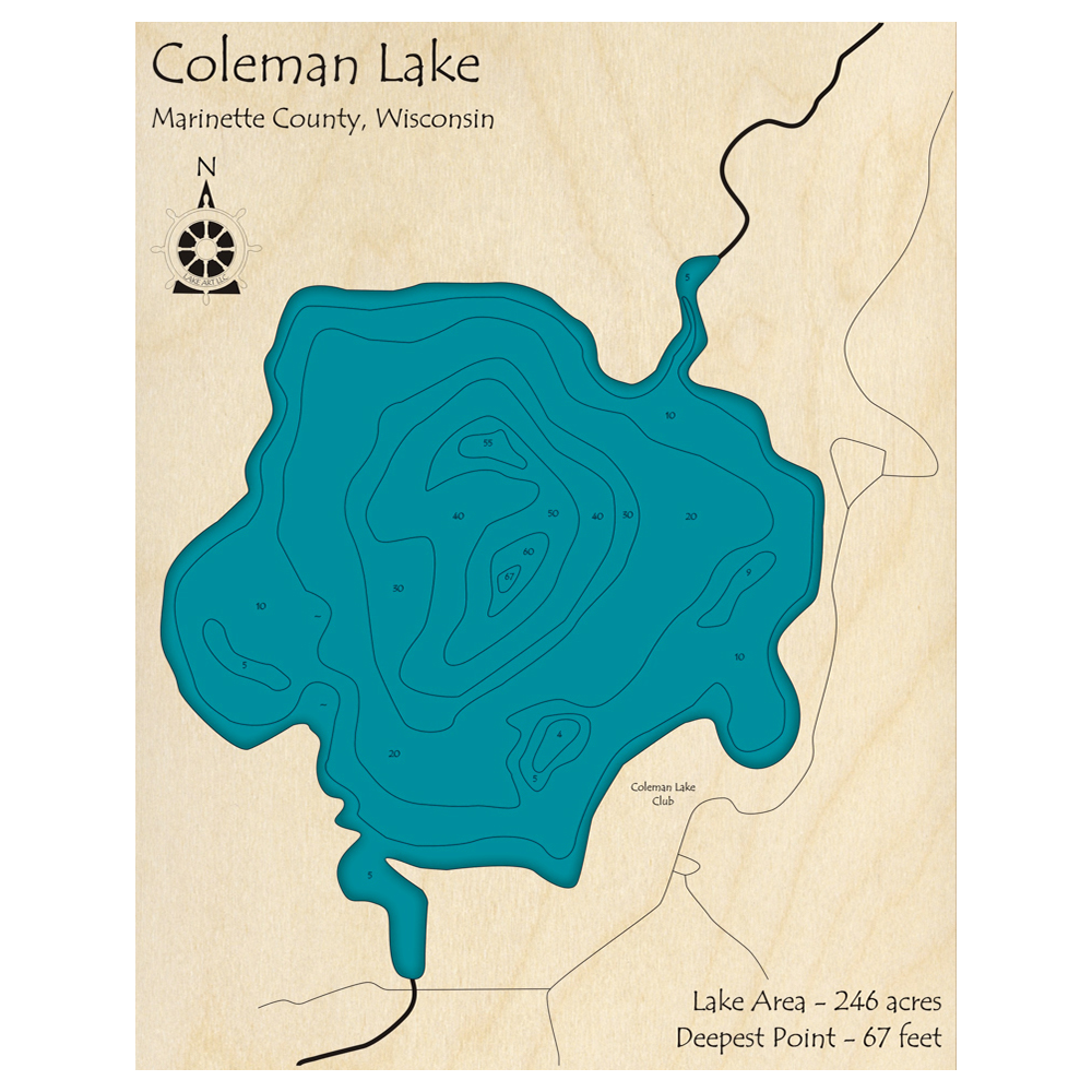 Coleman Lake, Wisconsin 3D Custom Wood Map – Lake Art LLC