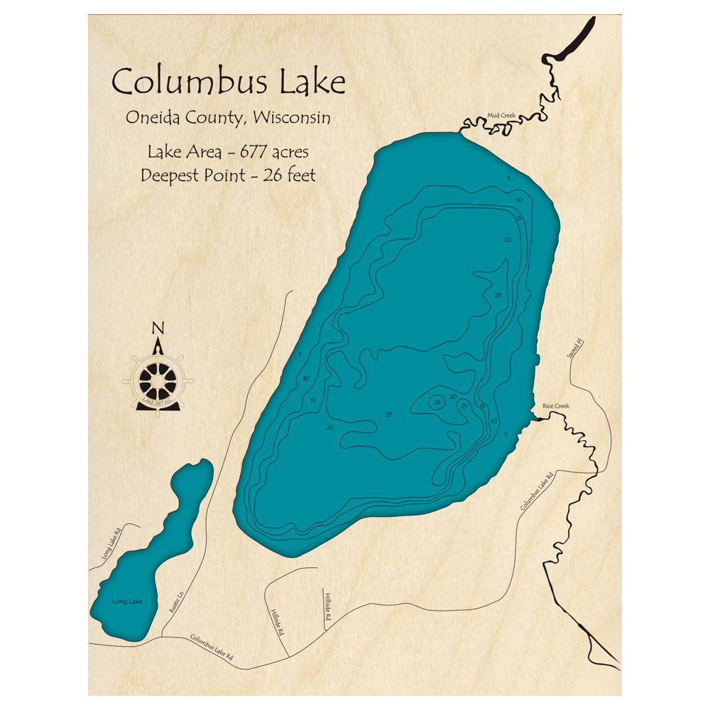 Columbus Lake, Wisconsin 3D Custom Wood Map – Lake Art LLC
