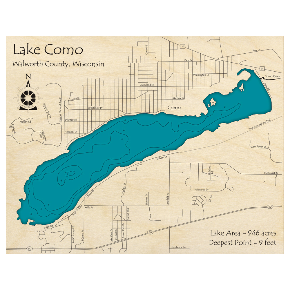 Lake Como, Wisconsin 3D Custom Wood Map – Lake Art LLC