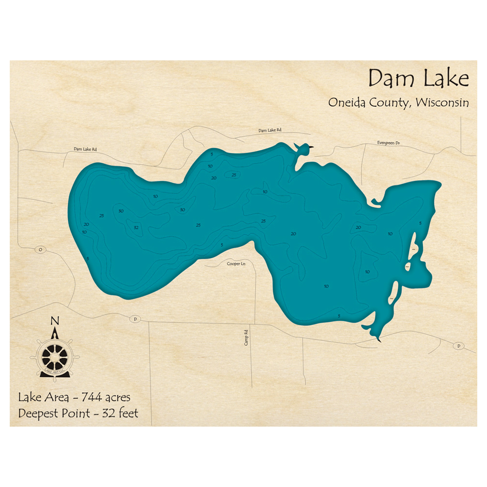 Dam Lake, Wisconsin 3D Custom Wood Map – Lake Art LLC