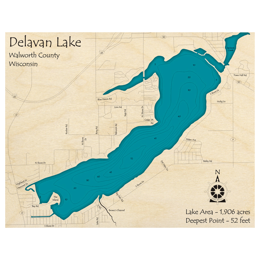 Lake Delavan, Wisconsin 3D Custom Wood Map – Lake Art LLC