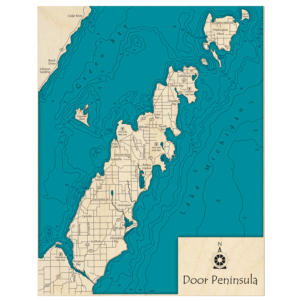 Door Peninsula, Wisconsin 3D Custom Wood Map – Lake Art LLC