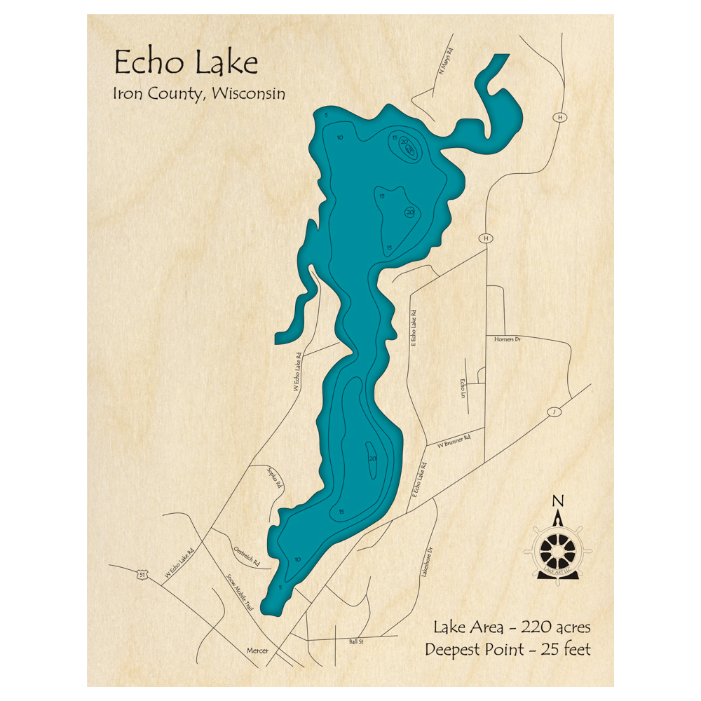 Echo Lake, Wisconsin 3D Custom Wood Map – Lake Art LLC