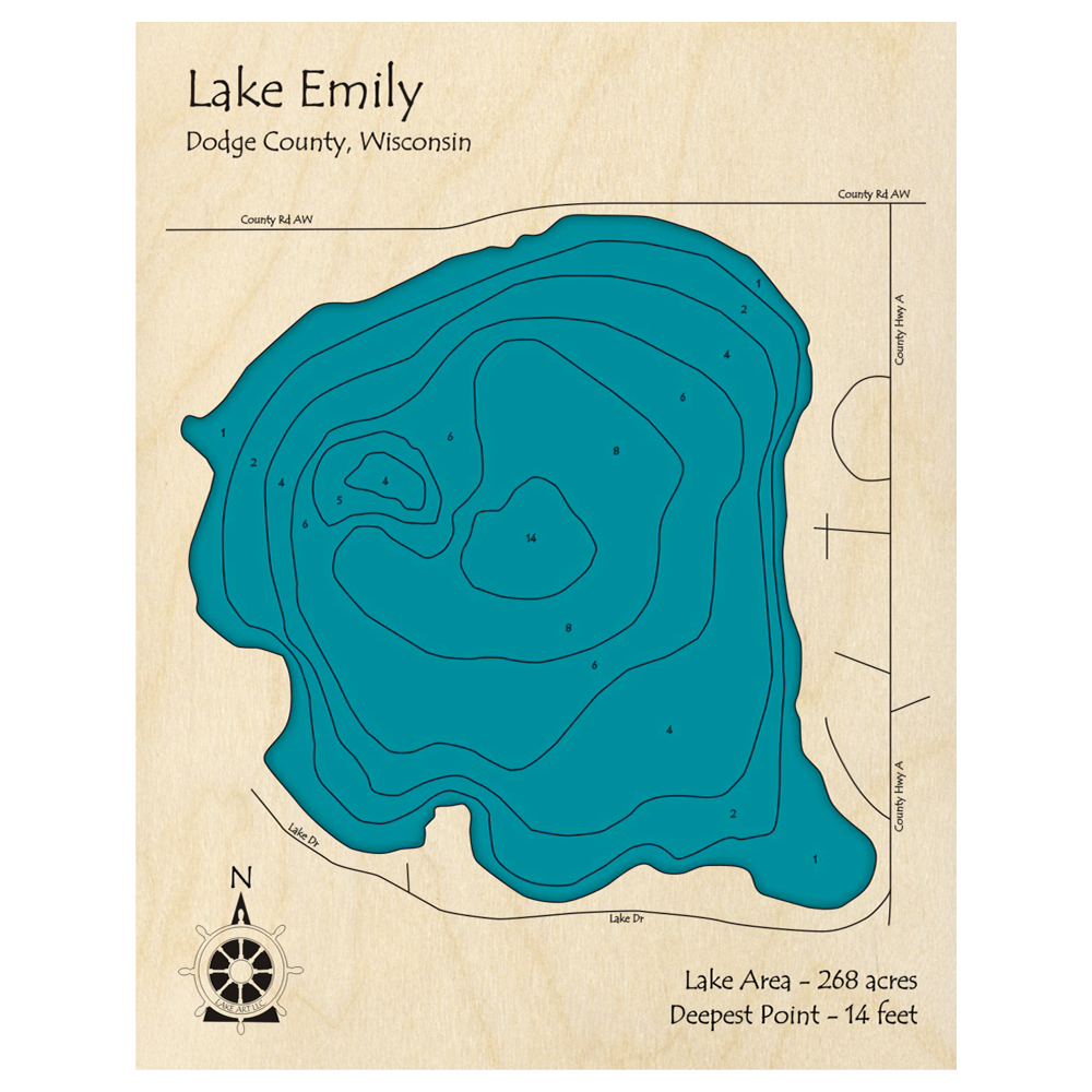Lake Emily, Wisconsin 3D Custom Wood Map – Lake Art LLC