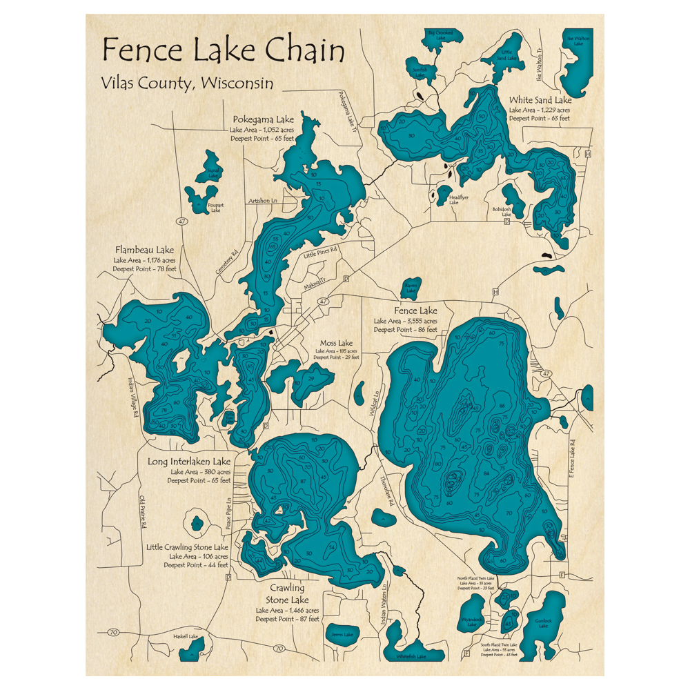Fence Lake Chain, Wisconsin 3D Custom Wood Map – Lake Art LLC