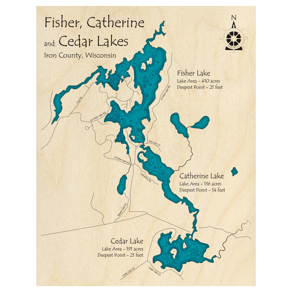 Fisher Lake, Wisconsin 3D Custom Wood Map – Lake Art LLC